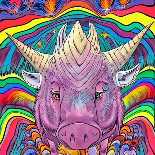 trippy comic art of a unicorn horned pig with white | Stable Diffusion ...
