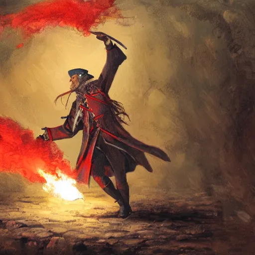 an old wizard casts a fireball at a British redcoat | Stable Diffusion