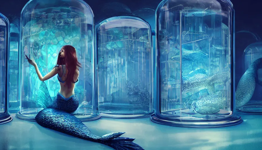 mermaid immersed in laboratory glass tanks, blue color | Stable ...