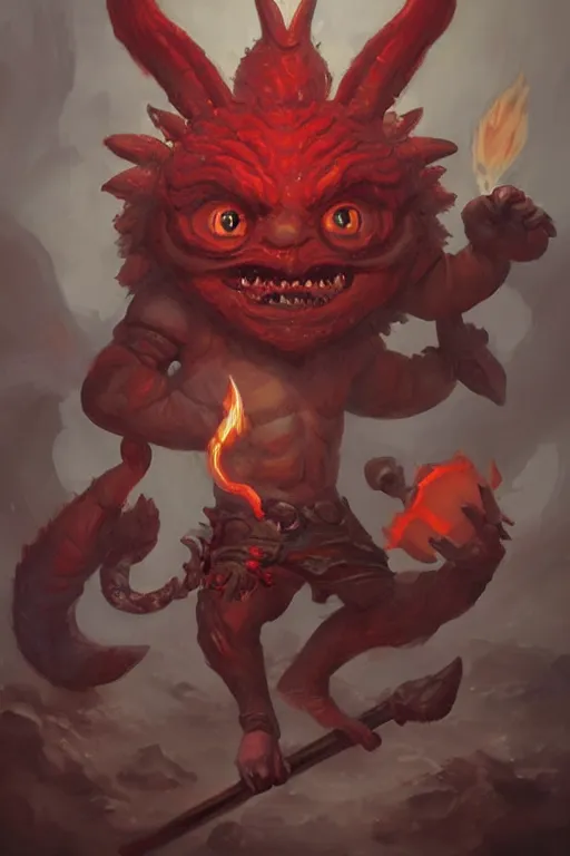 cute little red demon with a trident with fire , tiny, | Stable Diffusion