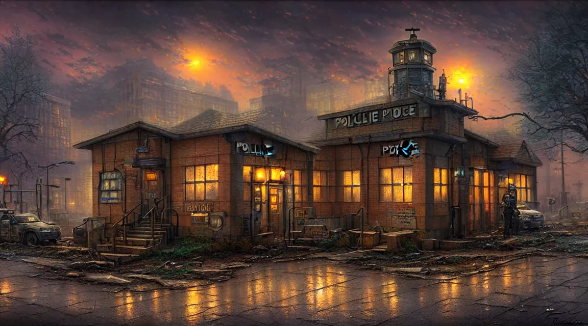 post - apocalyptic police station, by thomas kinkade, | Stable ...