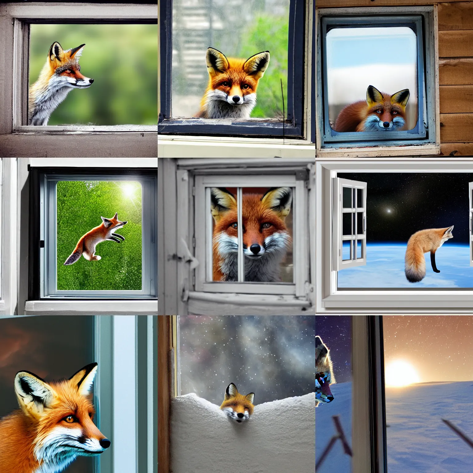 fox looking from window of white crunch in space | Stable Diffusion ...