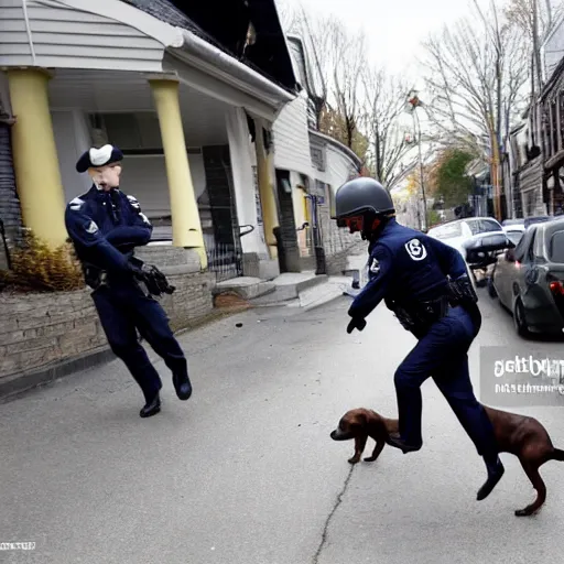 a dog wearing a policeman uniform, chasing a robber | Stable Diffusion
