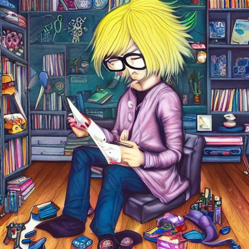 lonely blonde goth nerd guy sitting in cluttered room | Stable ...
