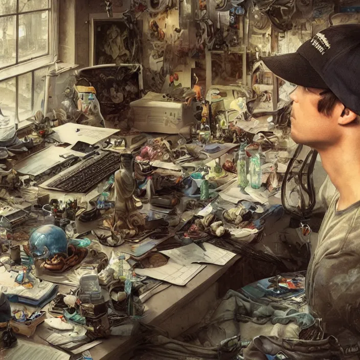 a computer graphics artist with a ballcap in a messy | Stable Diffusion ...