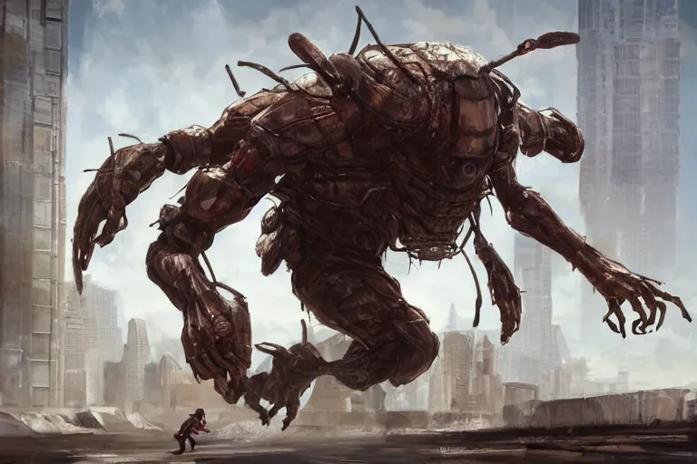 a man being chased through a dystopian by a huge ant | Stable Diffusion ...