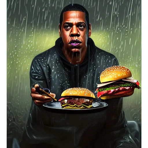 portrait of Jay-Z eating hamburgers in a downpour of | Stable Diffusion ...