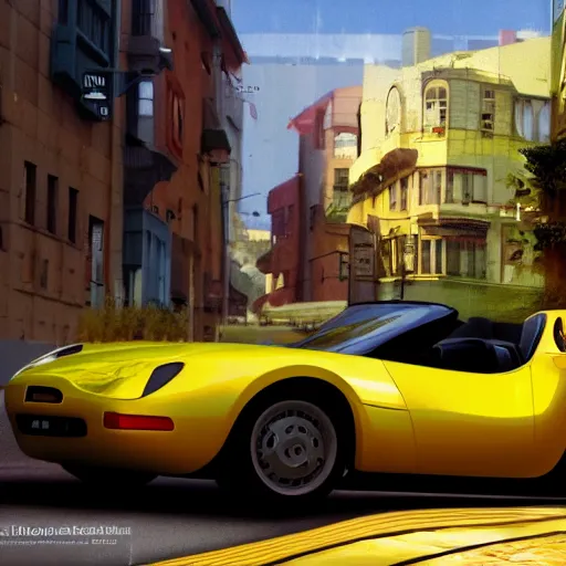 a yellow sports car driving down a street, computer | Stable Diffusion ...