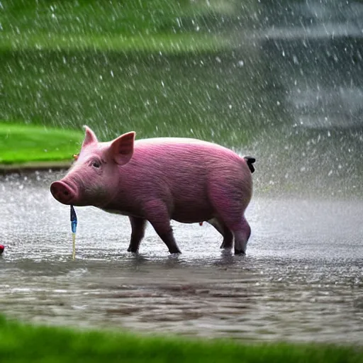 a photograph of two pigs playing golf in the rain | Stable Diffusion ...