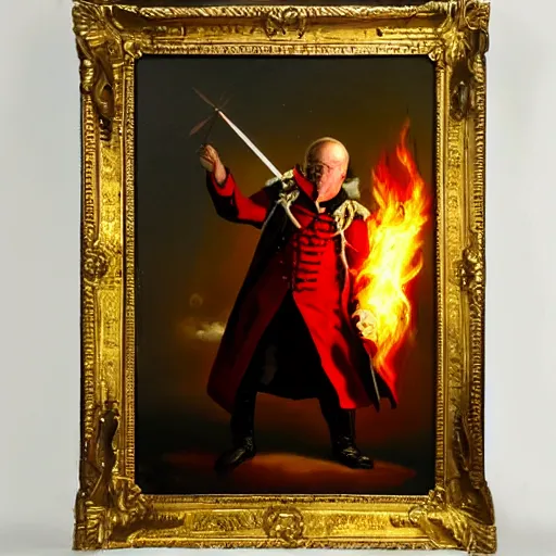 an old wizard casts a fireball at a British redcoat | Stable Diffusion