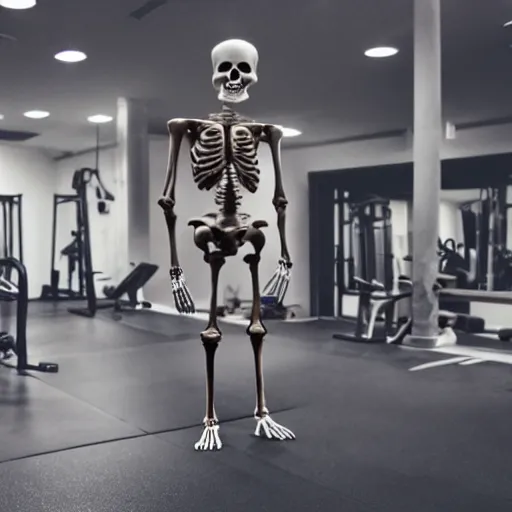 a skeleton walking around a gym, realistic phone photo. | Stable ...