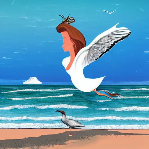 Digital art of a woman riding a giant seagull at the | Stable Diffusion ...
