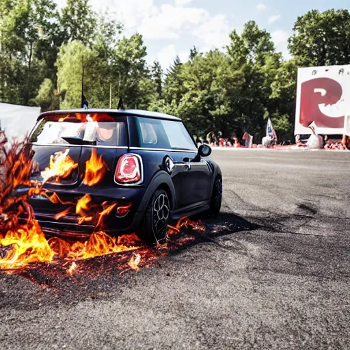 a mini cooper doing a ramp over a flaming pit of tires | Stable ...
