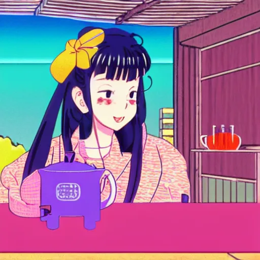 girl pouring up tea in a tea house, sprite, vaporwave | Stable ...