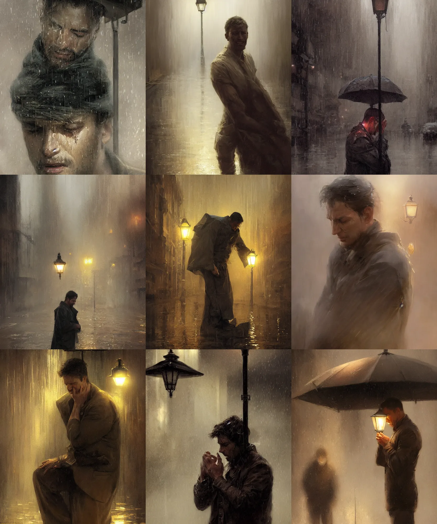 digital art painting of a man crying under the rain, | Stable Diffusion | OpenArt