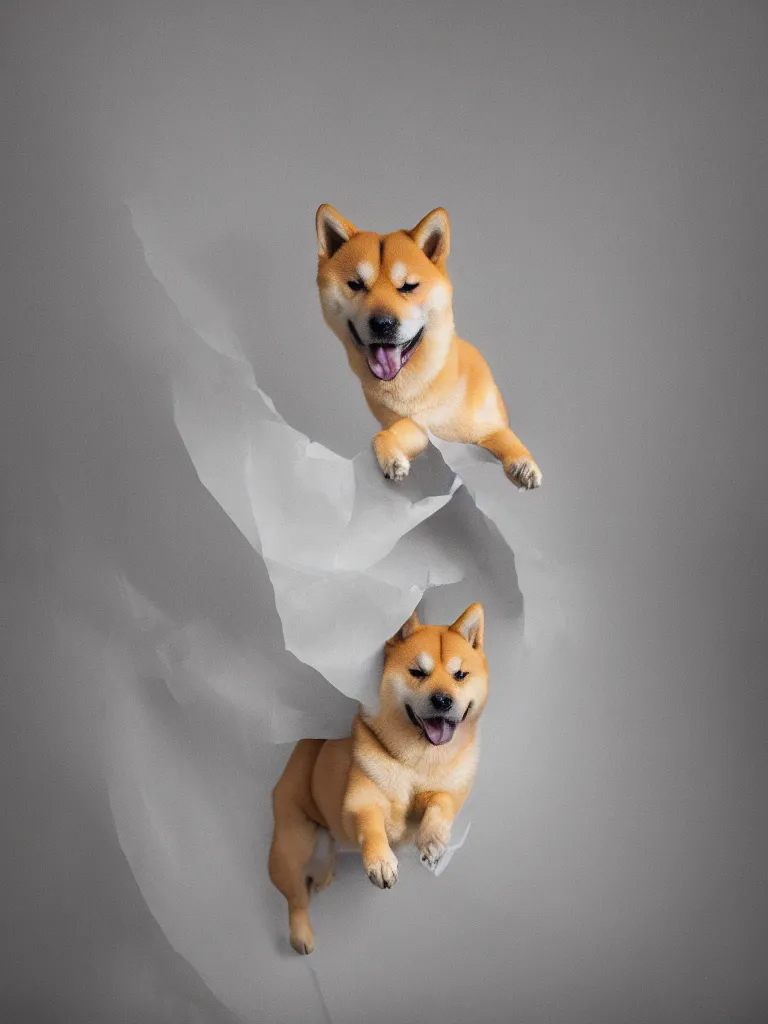 Photograph of a Shiba dog breaking through a fabric | Stable Diffusion