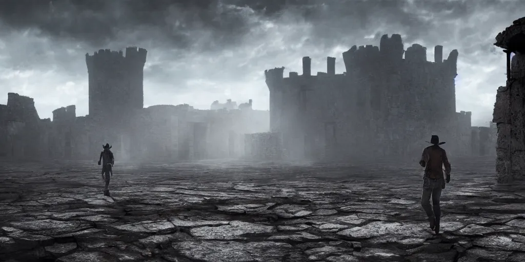 lone techno cowboy walking through desolate ruins of | Stable Diffusion ...