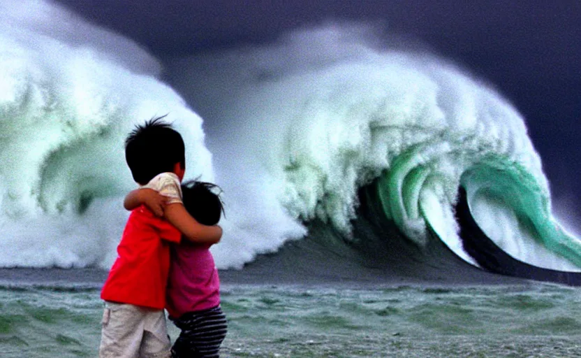 two children hugging as a giant tsunami approaches, | Stable Diffusion ...