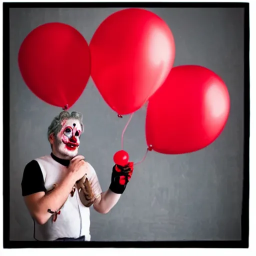 a sad sweaty clown weeps into a red balloon | Stable Diffusion | OpenArt