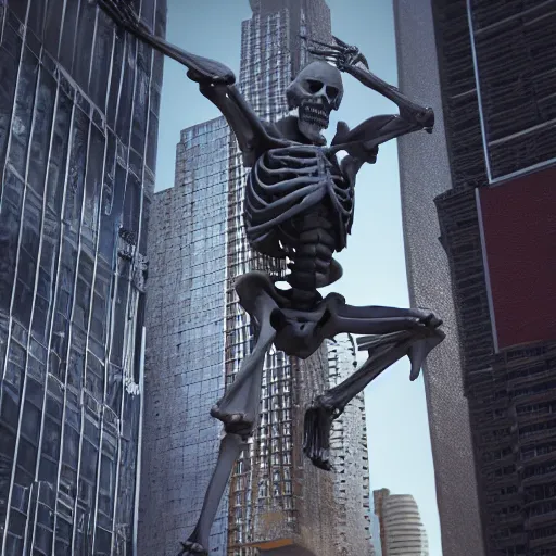large human skeleton climbing side of a ( ( skyscraper | Stable ...