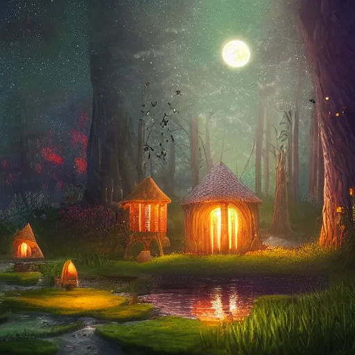 woodland village, in the night, fantasy, crescent moon | Stable ...