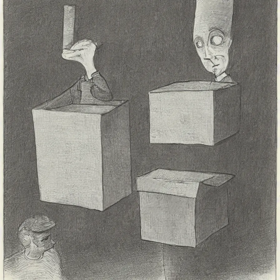 a long - nosed man in a box pokes his head through the | Stable ...