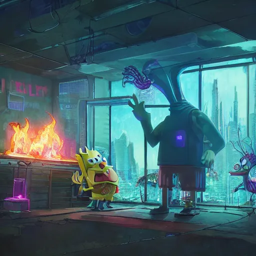 spongebob looking at the krusty krab, high tech, | Stable Diffusion ...