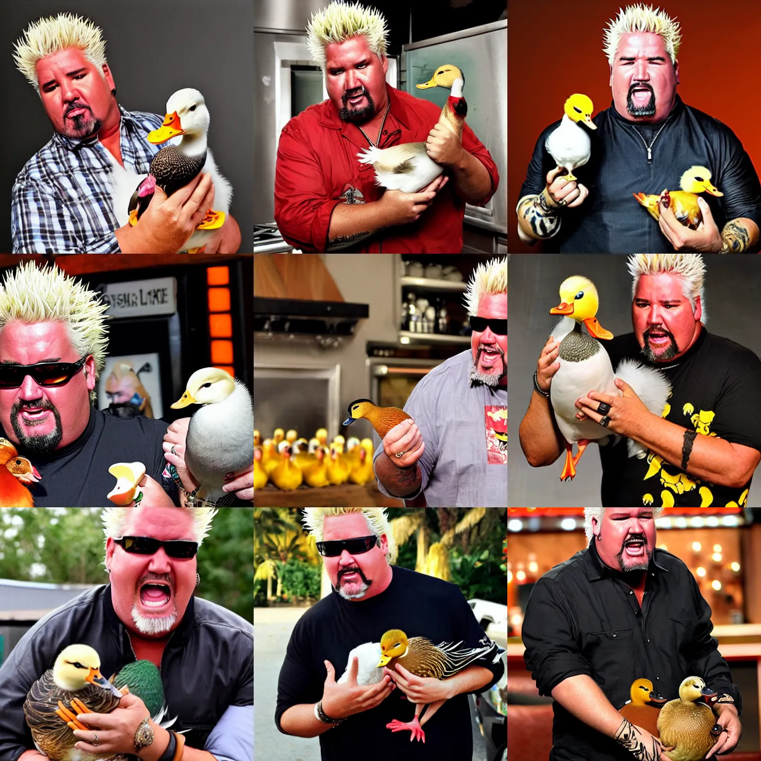 Guy Fieri holding a live duck, horrified, scared, | Stable Diffusion ...