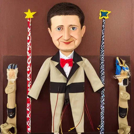 Volodymyr Zelenskyy as a puppet controlled by united | Stable Diffusion