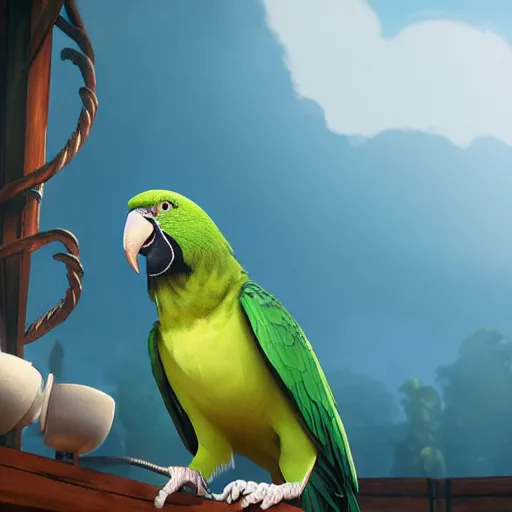 a wholesome animation key shot of a green parrot on a | Stable ...