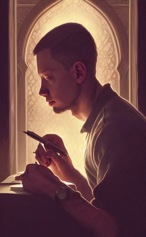 portrait of eminem writing in the dark, deep focus, d | Stable ...