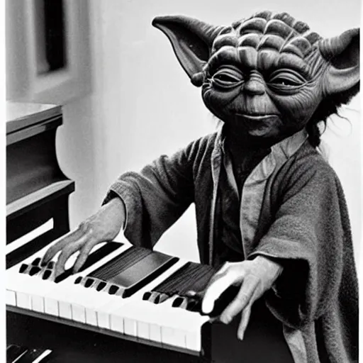 Yoda playing piano John Lennon imagine 1960s black and | Stable ...