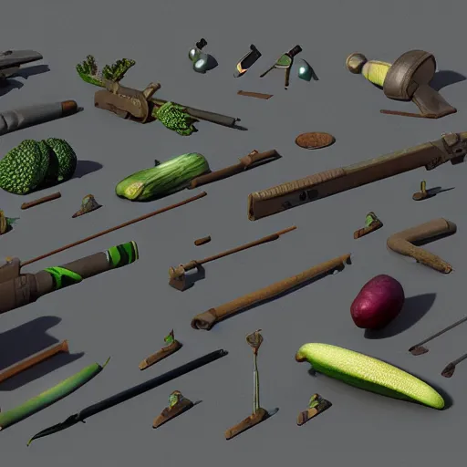 tactical weaponry inspired by fruits and vegetables, | Stable Diffusion | OpenArt