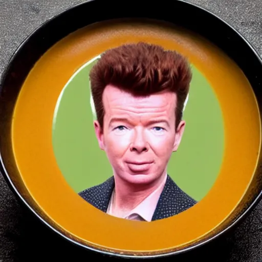 rick astley's image in the surface of a bowl of soup | Stable Diffusion ...