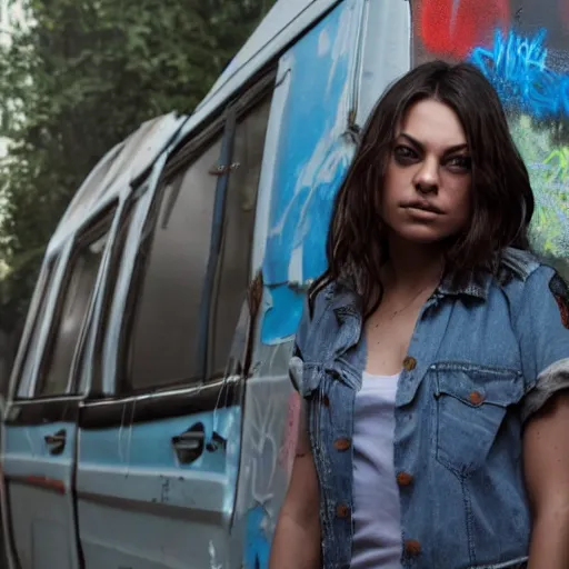 mila kunis standing at an abandoned van full of | Stable Diffusion ...