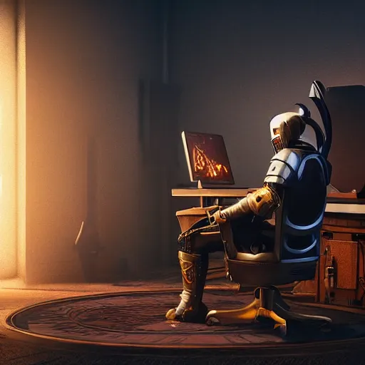 a middle age knight sitting in front of a pc playing | Stable Diffusion ...