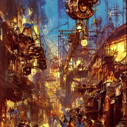 people a street in steampunk new crobuzon by tom | Stable Diffusion