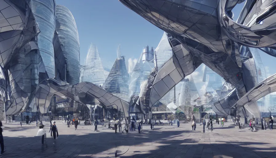 futuristic square in london by roger madrini, sunny | Stable Diffusion ...