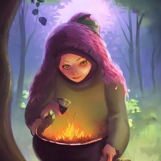 cute forest witch stirring a cauldron, 2d, art | Stable Diffusion | OpenArt
