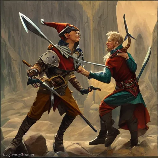 DnD elves in gladitorial duel. Concept art by james | Stable Diffusion ...