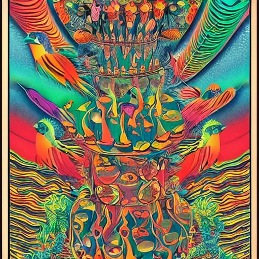 psychedelic zoetrope of tropical birds, poster art | Stable Diffusion