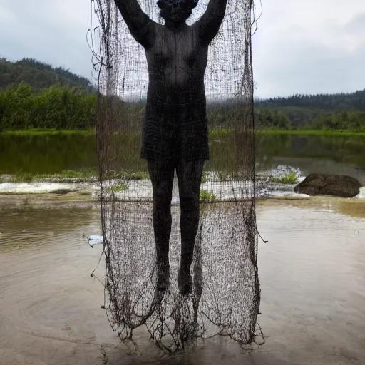 a person standing in the water with a large net over | Stable Diffusion ...