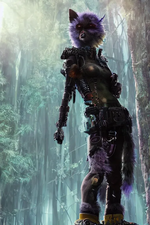 a cyberpunk furry with a fluffy tail in a forest, | Stable Diffusion ...
