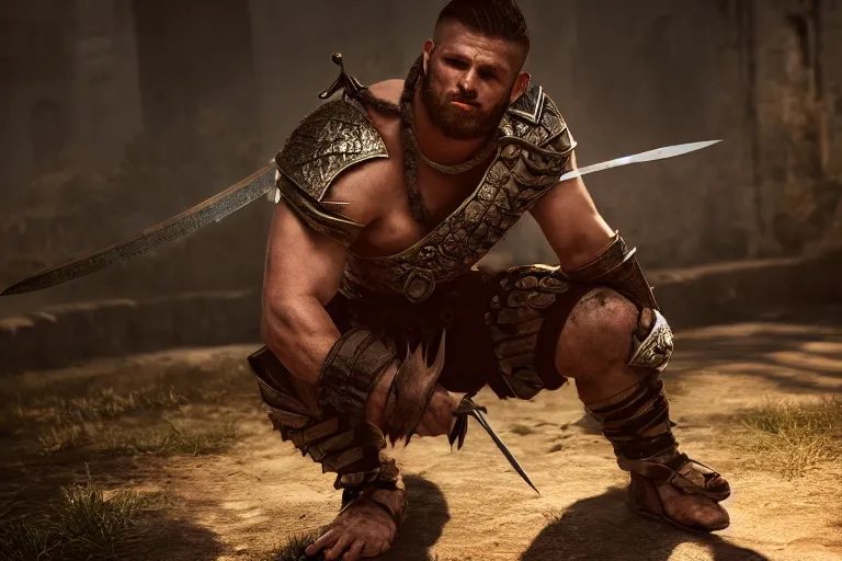 wounded muscular man with sword and shield, fantasy, | Stable Diffusion ...