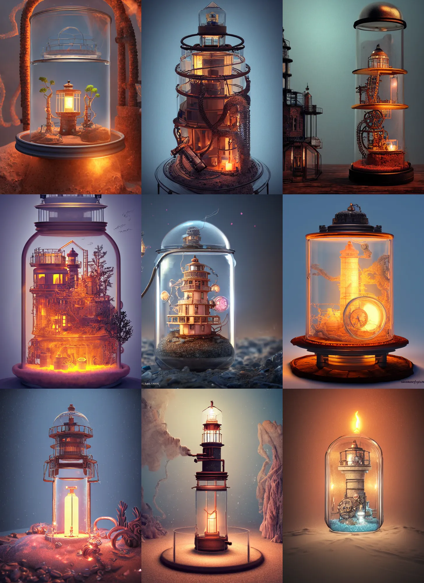 steampunk lighthouse inside a glass jar buried in | Stable Diffusion ...