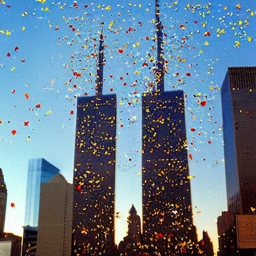 twin towers 9/11 with confetti explosion | Stable Diffusion | OpenArt
