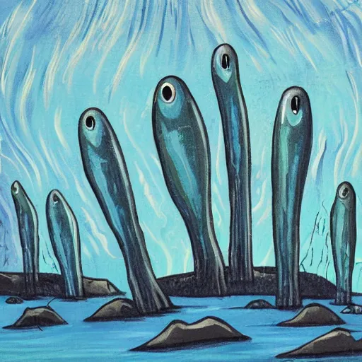 painting of tall and slender blue aliens near river | Stable Diffusion ...