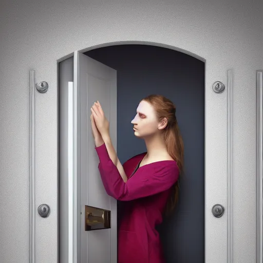 A portrait of a white young woman closing a door, | Stable Diffusion | OpenArt