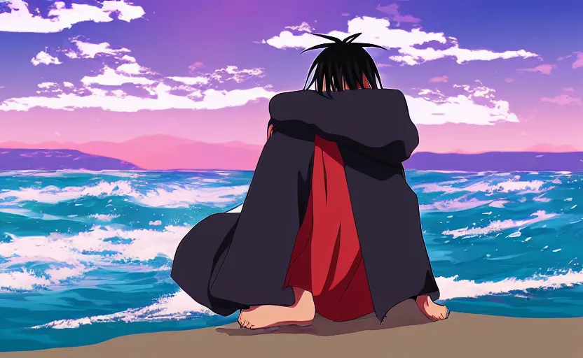 Itachi Uchiha alone at the beach watching the waves, | Stable Diffusion