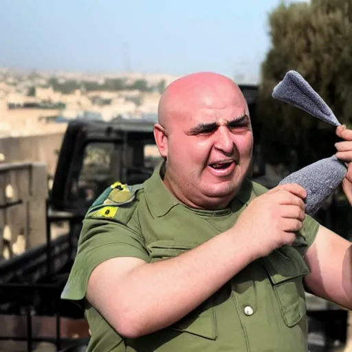 a fat old bald mad man in Israel defense force uniform | Stable Diffusion